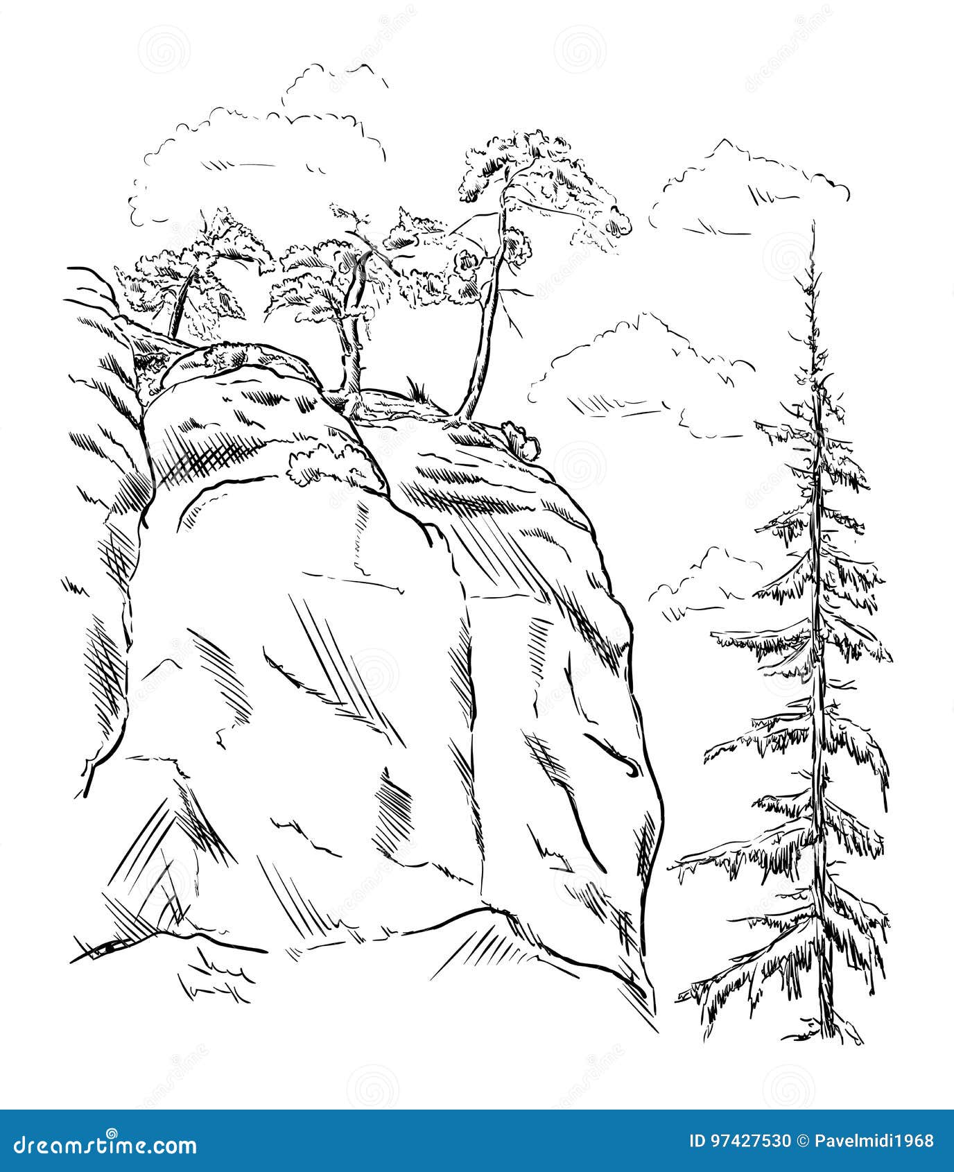 Rock with trees stock vector. Illustration of graphic - 97427530