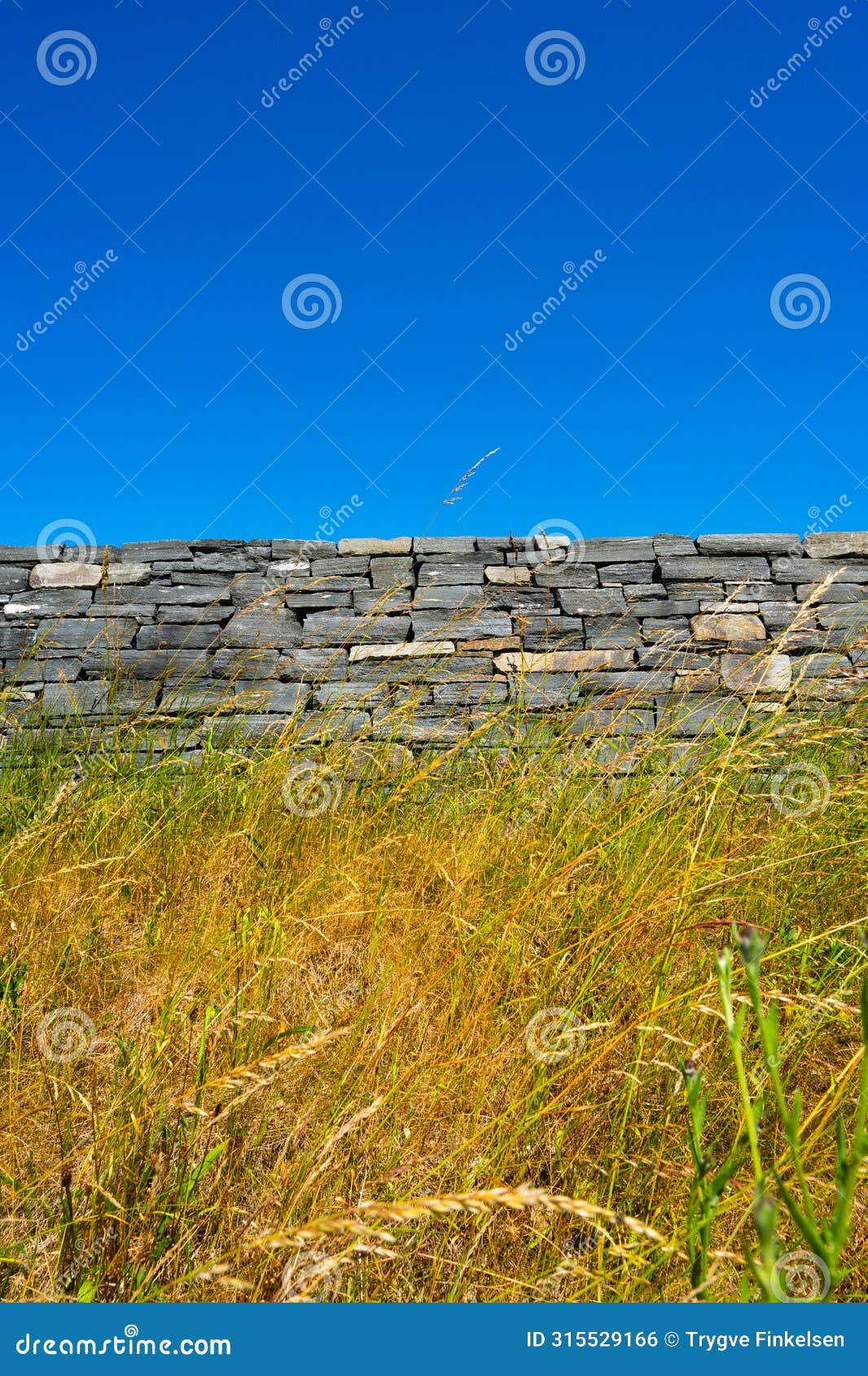 Rock Wall on Top of a Grass Incline.. Stock Photo - Image of stone ...