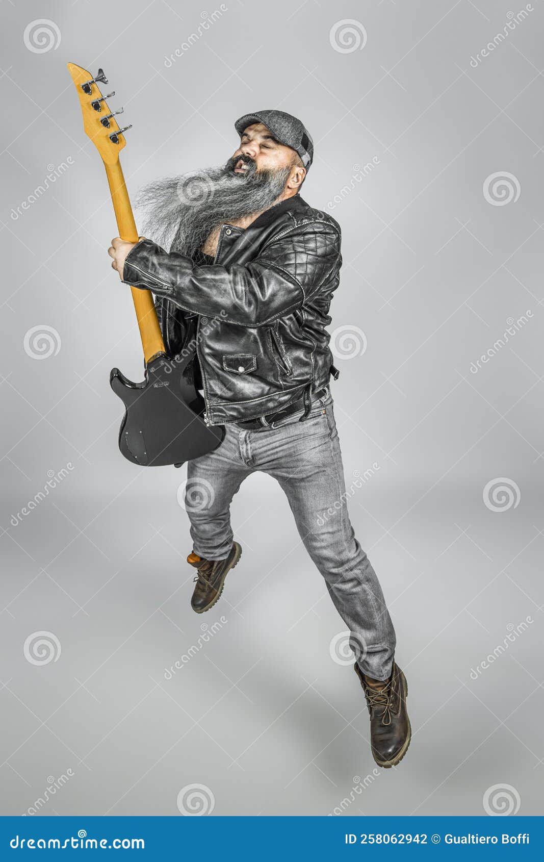 Rocker with Guitar and Long Beard Stock Photo - Image of crazy, black ...