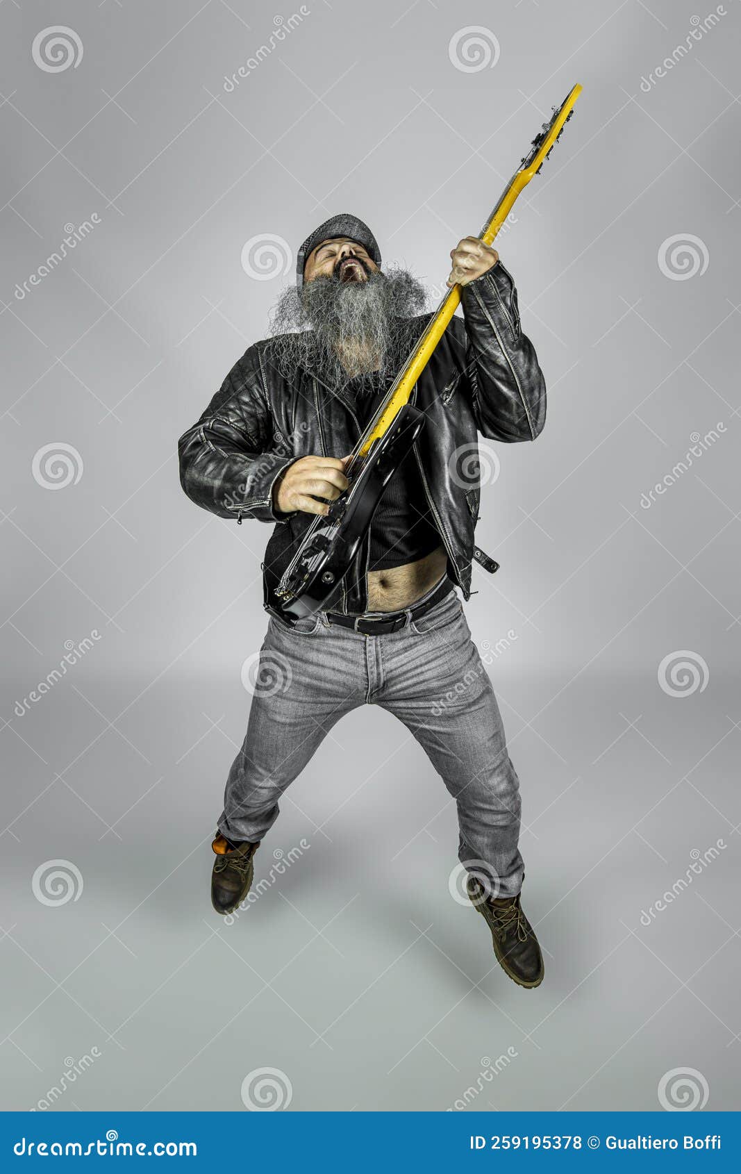 Rocker with Long Beard and Leather Jacket Stock Photo - Image of music ...