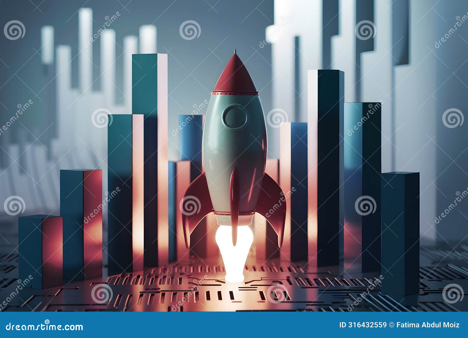 Rocket among Abstract Graphs, Lit from Below, Against Cool Toned ...