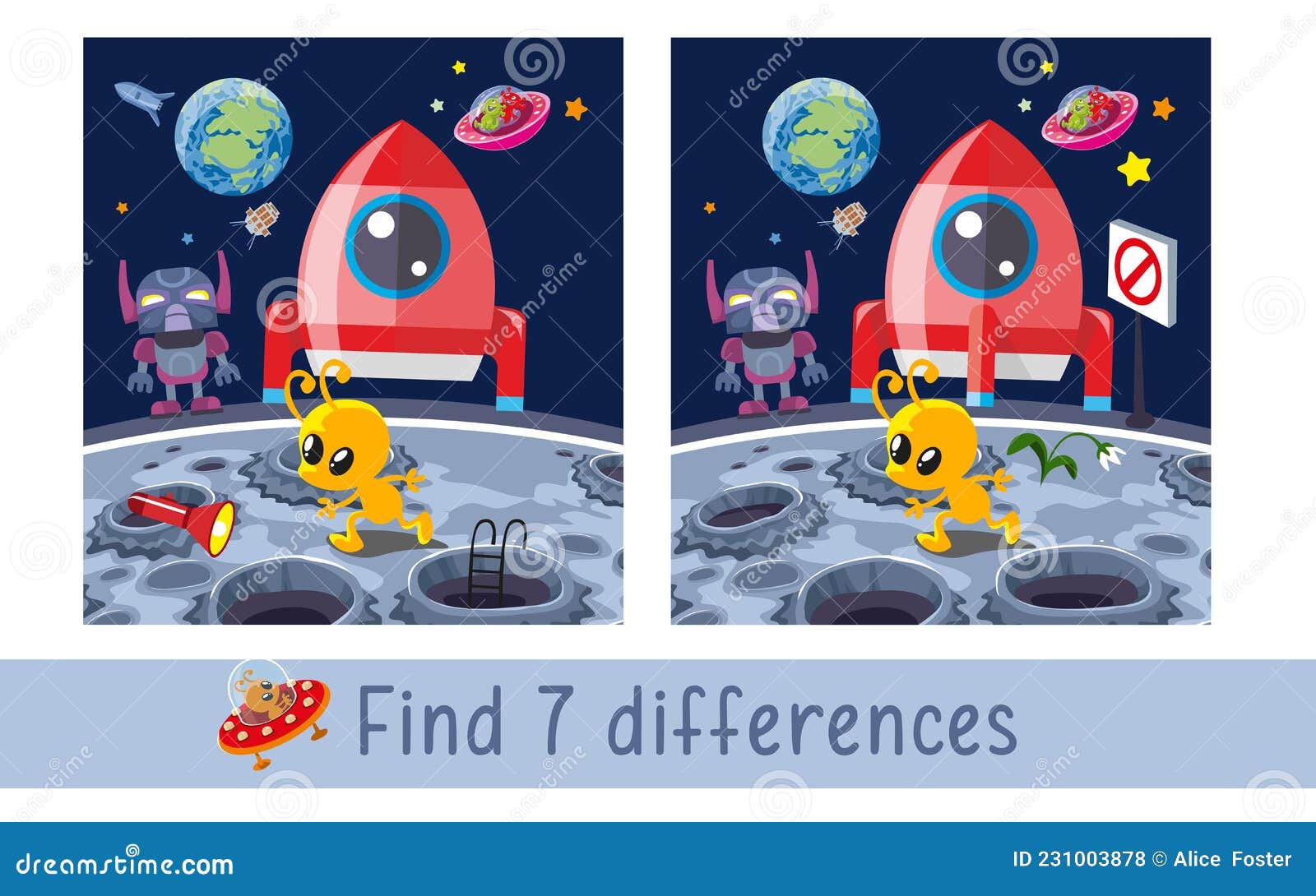 Rocket and Alien on Moon. Find 7 Differences. Game for Children ...