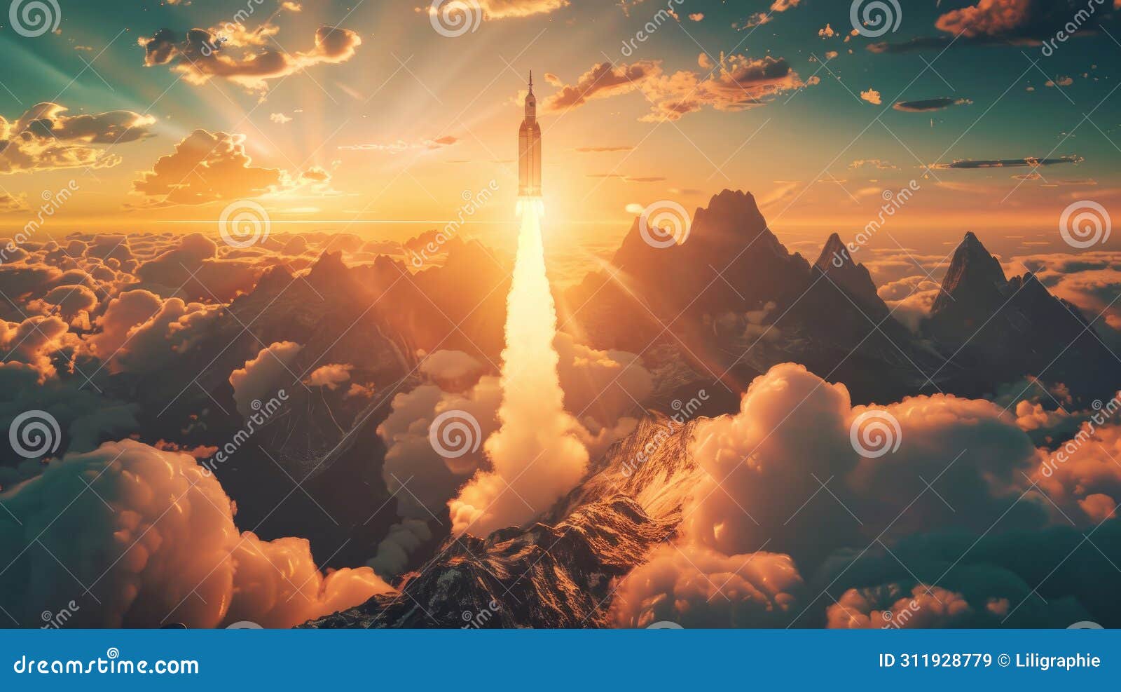 Rocket Ascending Over Mountain Peaks at Sunrise with Dramatic Clouds ...