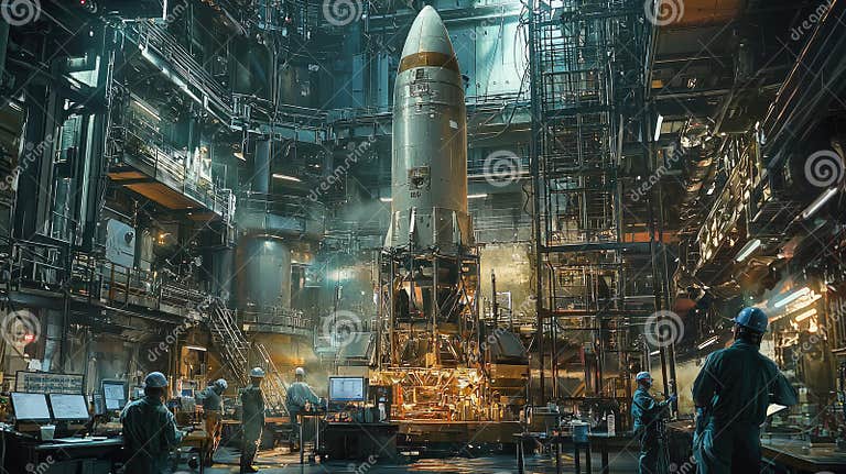 Rocket Assembly in Industrial Facility with Engineers and Technicians ...
