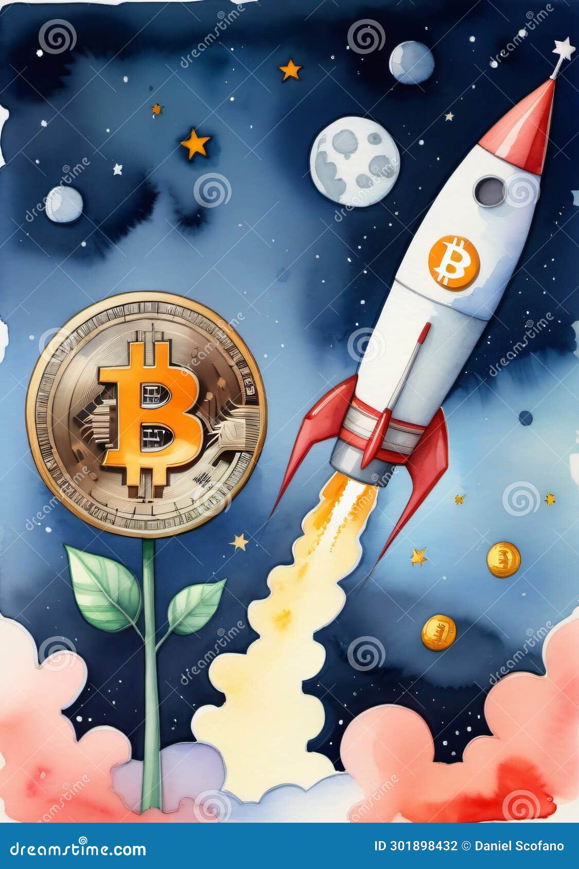A Rocket with a Bit Coin on it and a Rocket in the Background ...