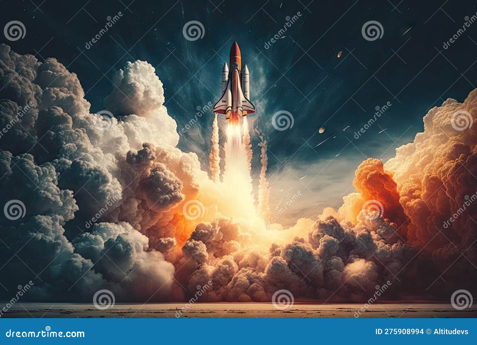 Rocket Blast Off, with Stars and Clouds in the Background Stock ...