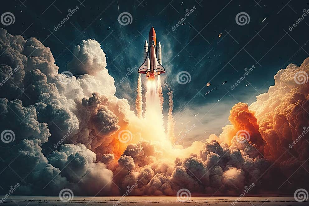 Rocket Blast Off, with Stars and Clouds in the Background Stock ...