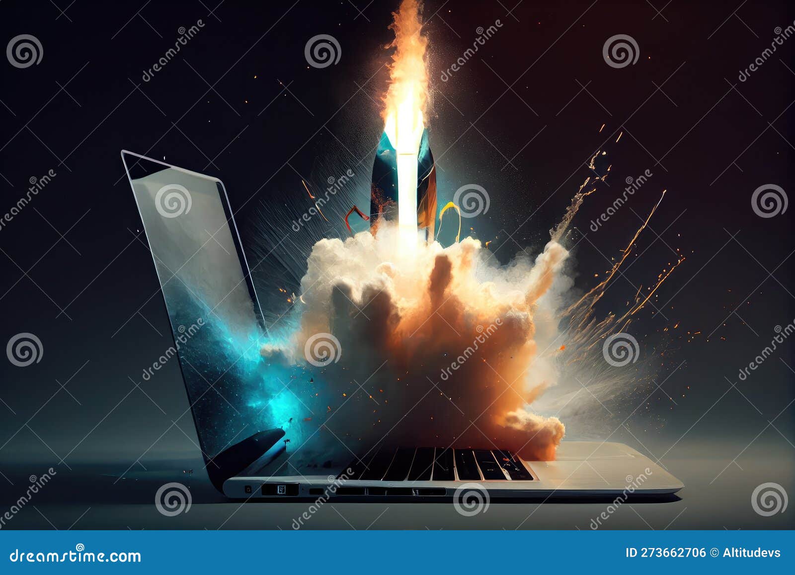 Rocket Blasting Off from the Inside of a Laptop, with Smoke and Sparks ...