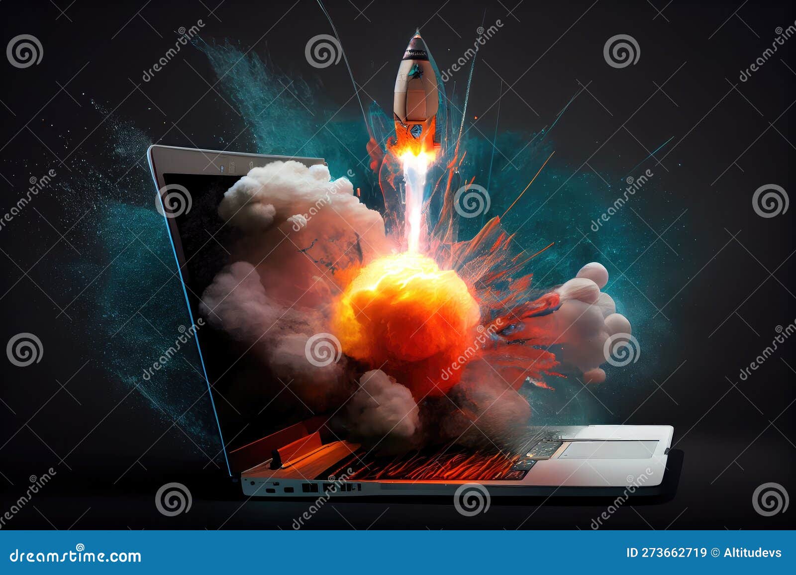 Rocket Blasting Off from the Inside of a Laptop, with Smoke and Sparks ...