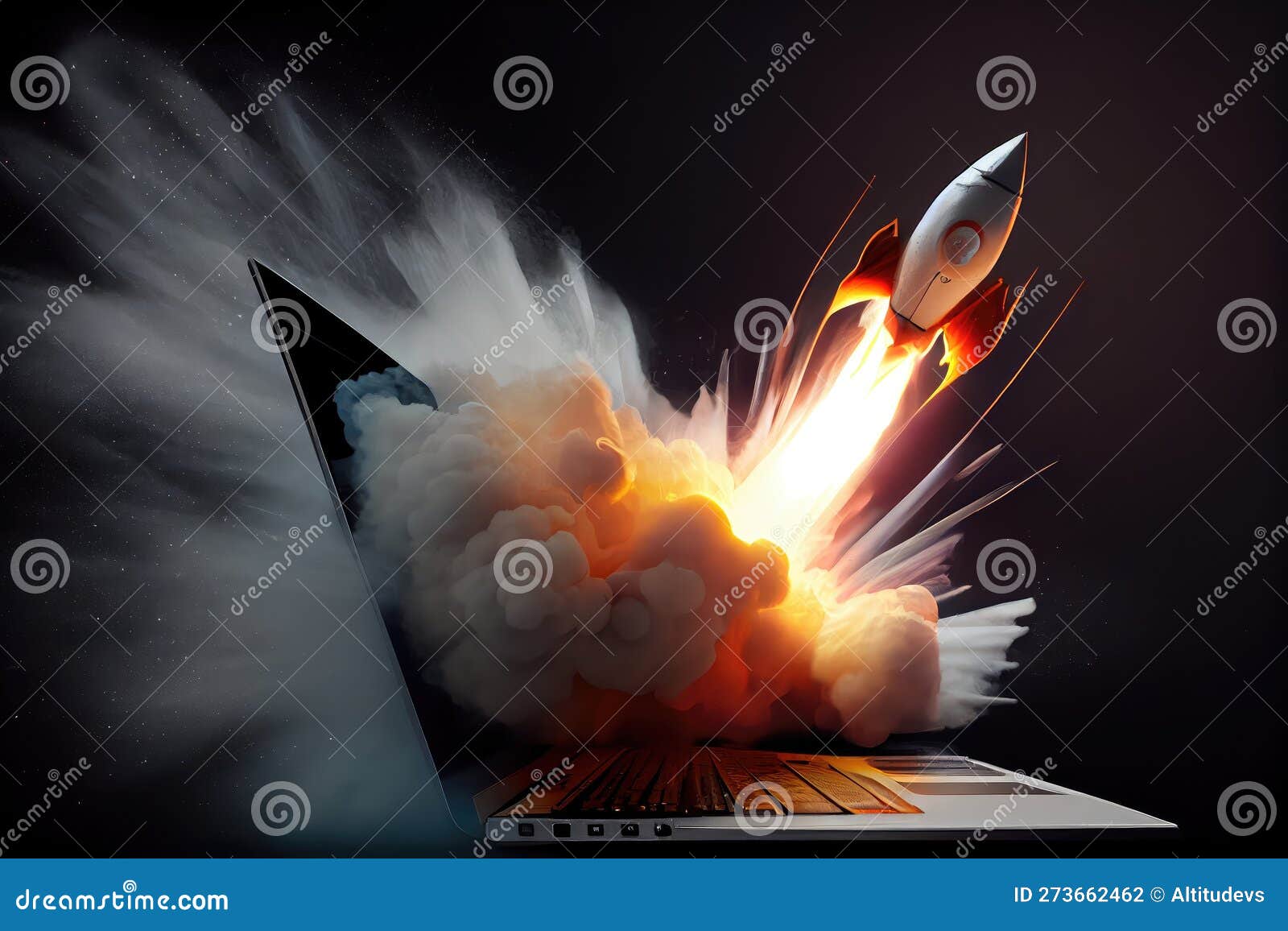 A Rocket Blasting Off from a Laptop, with Flames and Smoke Bursting Out ...