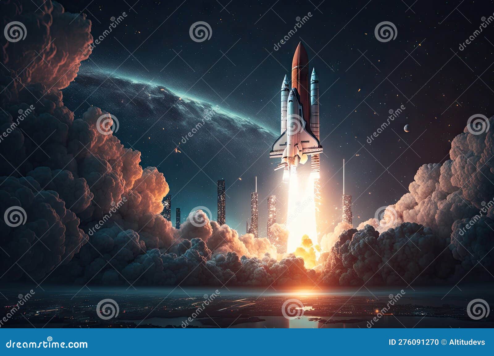 Rocket Blasting Off into the Night Sky, with City Lights in the ...