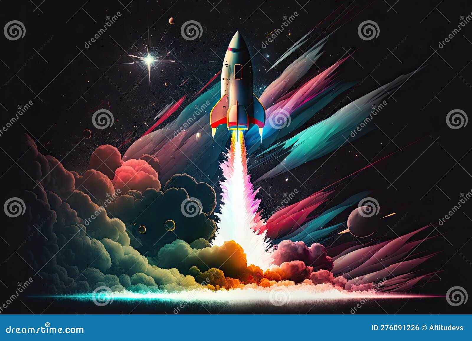 Rocket Blasting Off into the Night Sky, with Colorful Stars and Planets ...