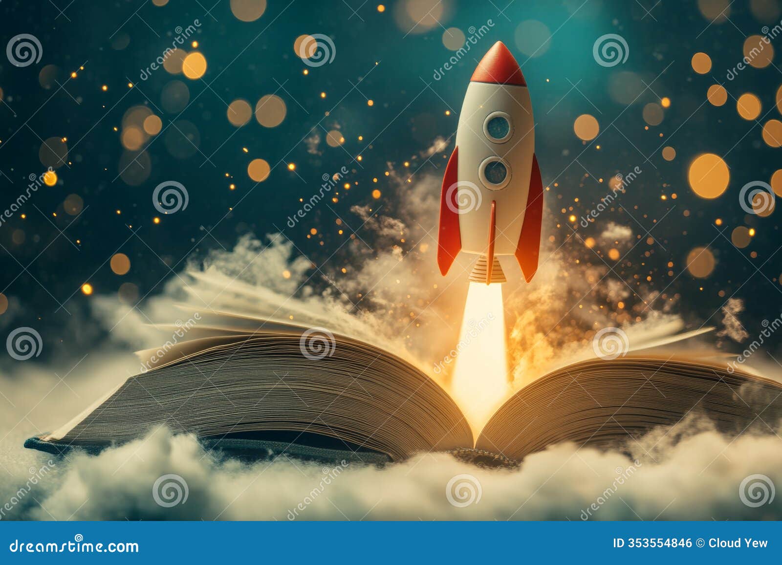 Rocket Blasting Out of Book Symbolizing Knowledge and Imagination Stock ...