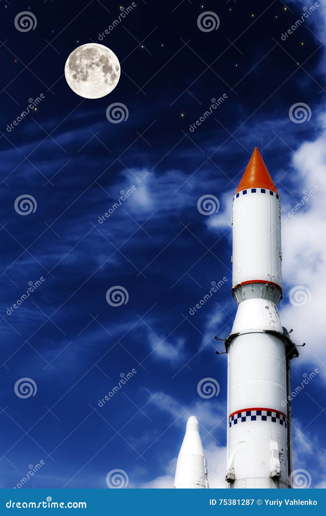 Rocket in the Blue Sky with Clouds Stock Image - Image of spaceship ...
