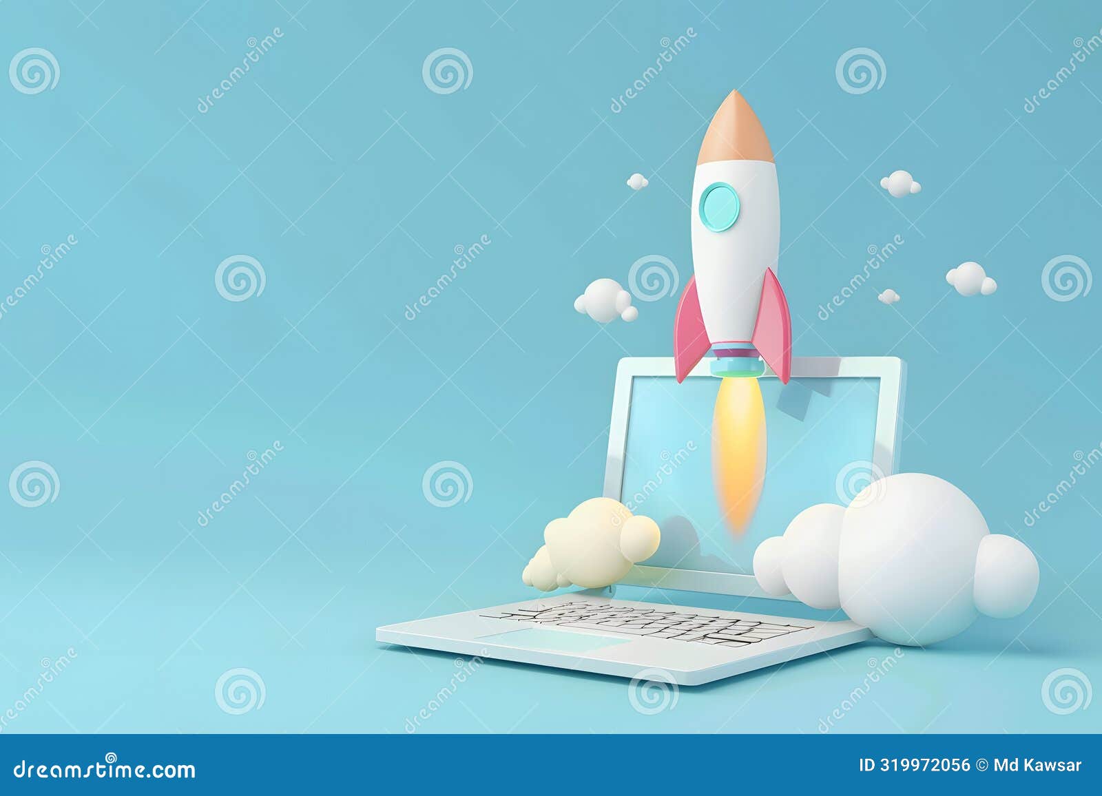Rocket Boosting from Laptop Screen on Light Blue Background Stock ...
