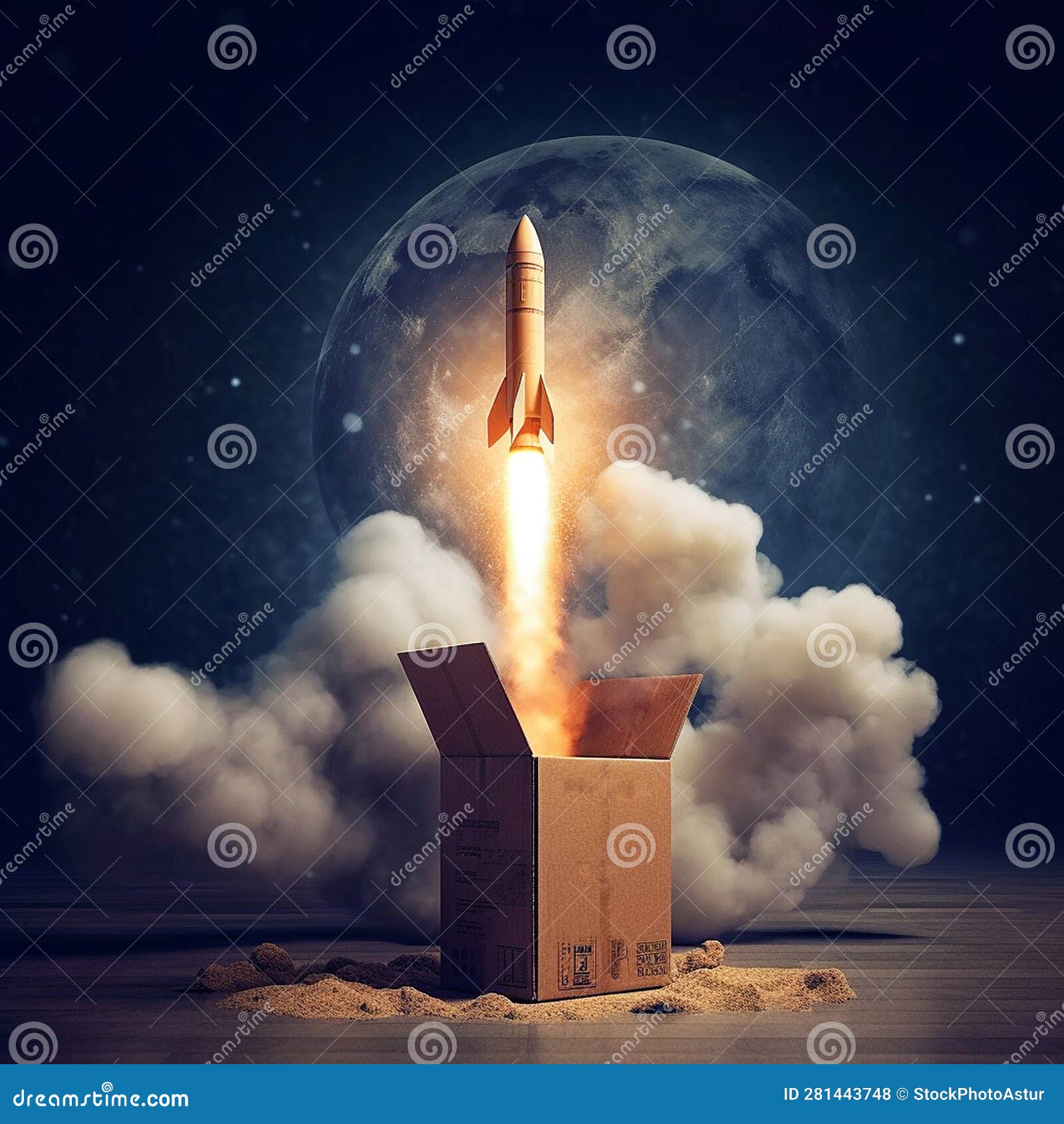 Rocket Coming Out of a Cardboard Box with the Moon in the Background ...