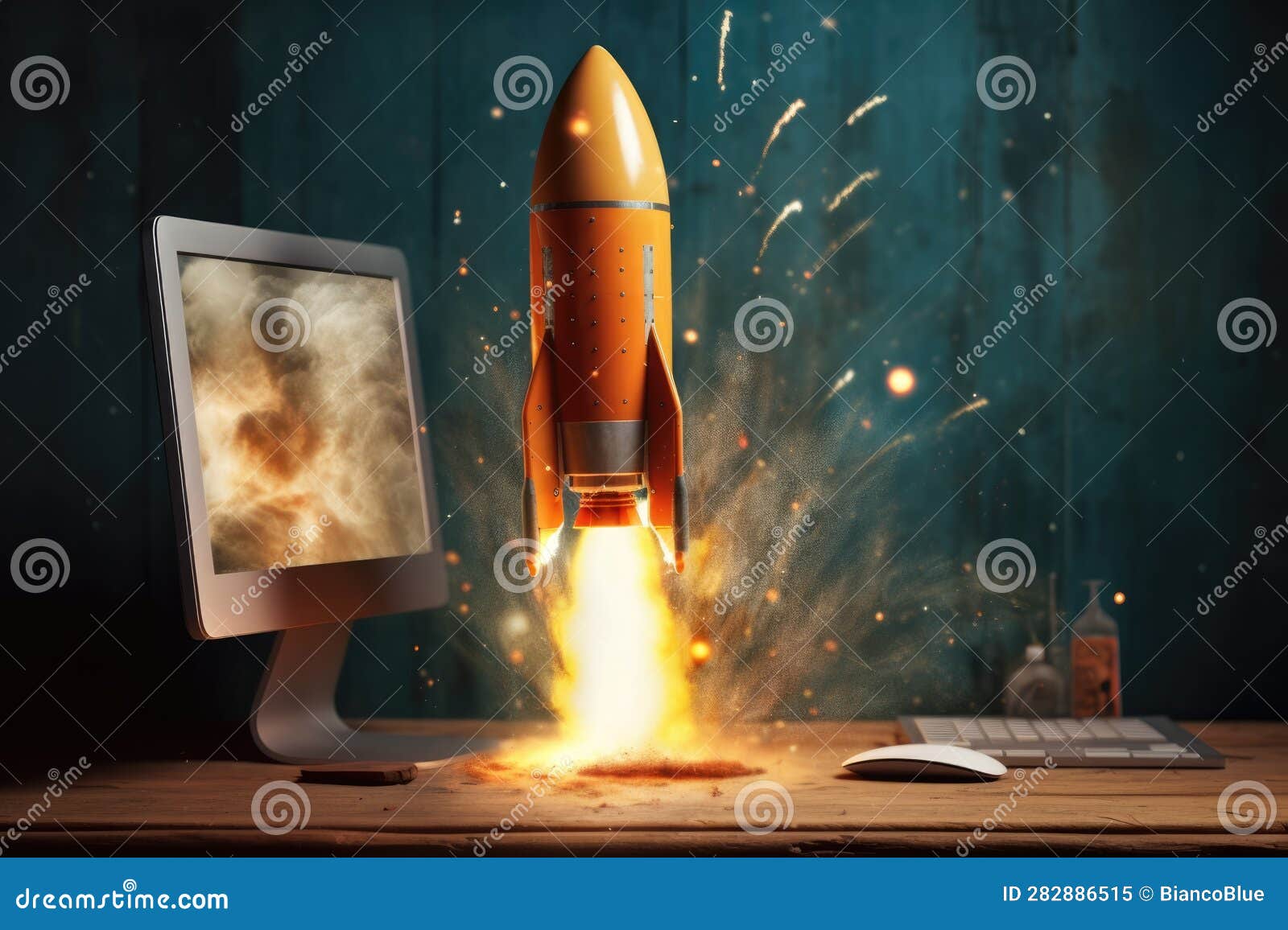 Rocket Coming Out of Desktop Computer Screen. Generative Ai AIG32 Stock ...