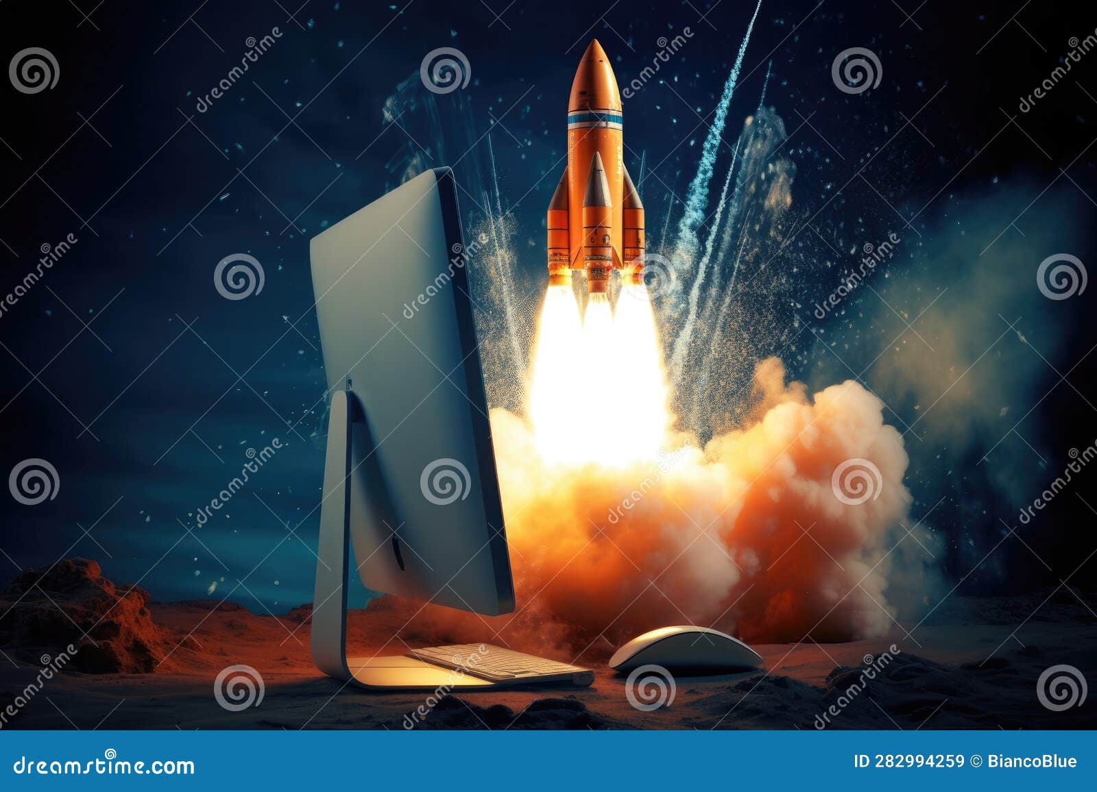 Rocket Coming Out of Desktop Computer Screen. Generative Ai AIG32 Stock ...