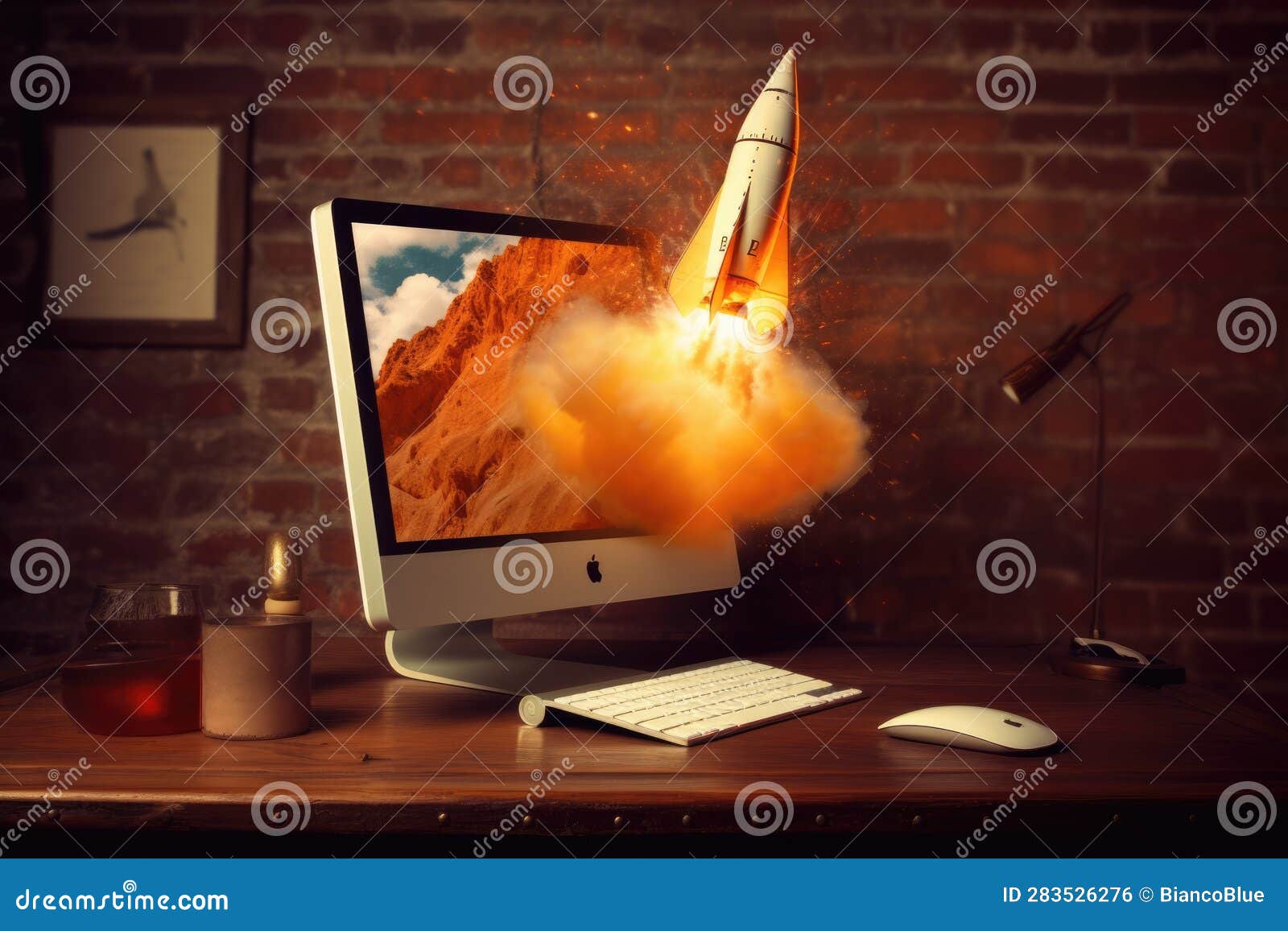 Rocket Coming Out of Desktop Computer Screen. Generative Ai AIG32 Stock ...
