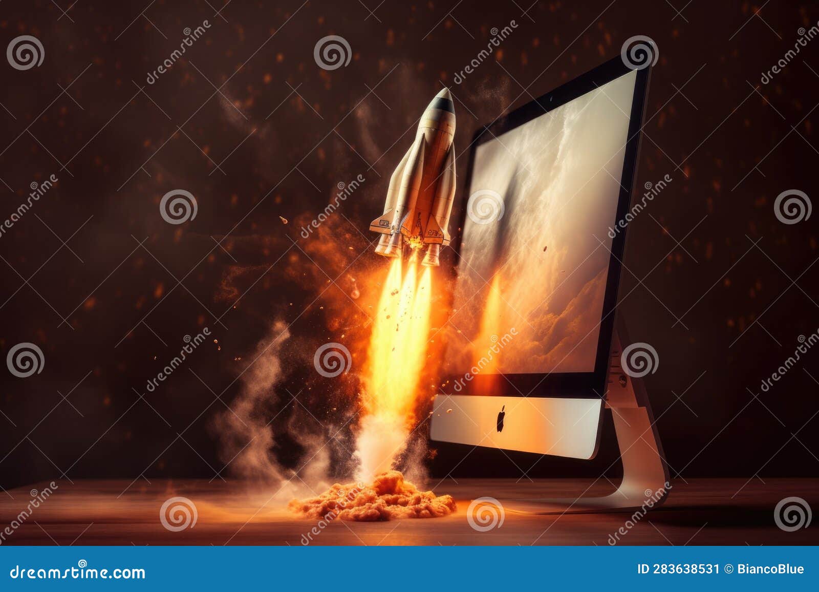 Rocket Coming Out of Desktop Computer Screen. Generative Ai AIG32 Stock ...