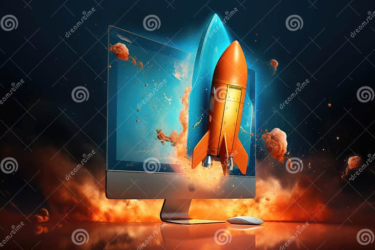 Rocket Coming Out of Desktop Computer Screen. Generative Ai AIG32 Stock ...