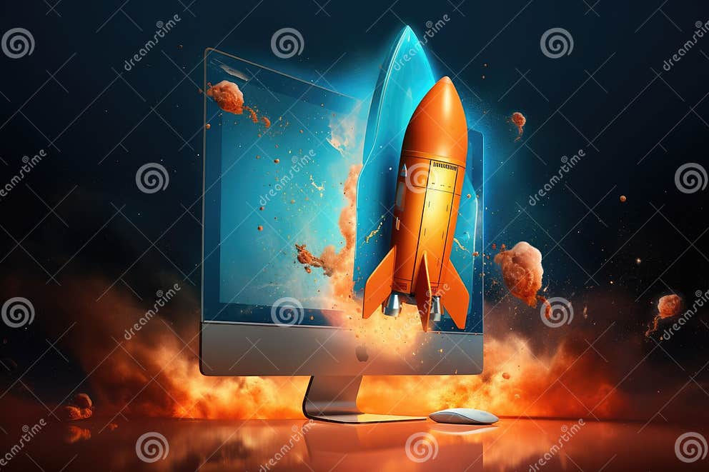 Rocket Coming Out of Desktop Computer Screen. Generative Ai AIG32 Stock ...