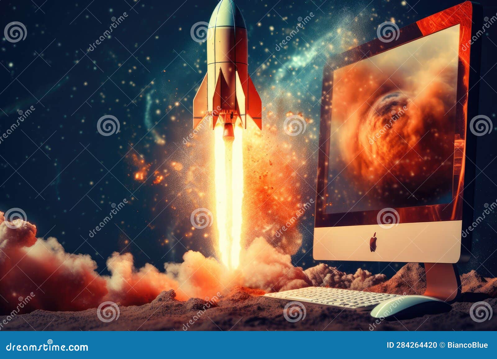 Rocket Coming Out of Desktop Computer Screen. Generative Ai AIG32 Stock ...