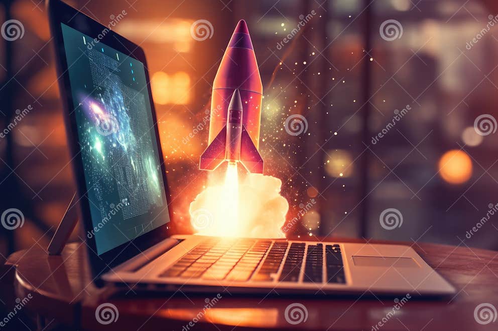 Rocket Coming Out of Desktop Computer Screen. Generative Ai AIG32 Stock ...