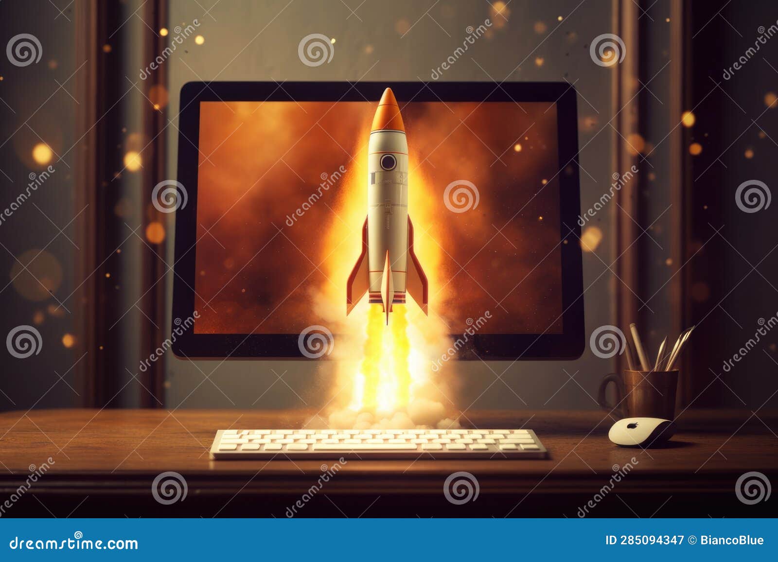 Rocket Coming Out of Desktop Computer Screen. Generative Ai AIG32 Stock ...