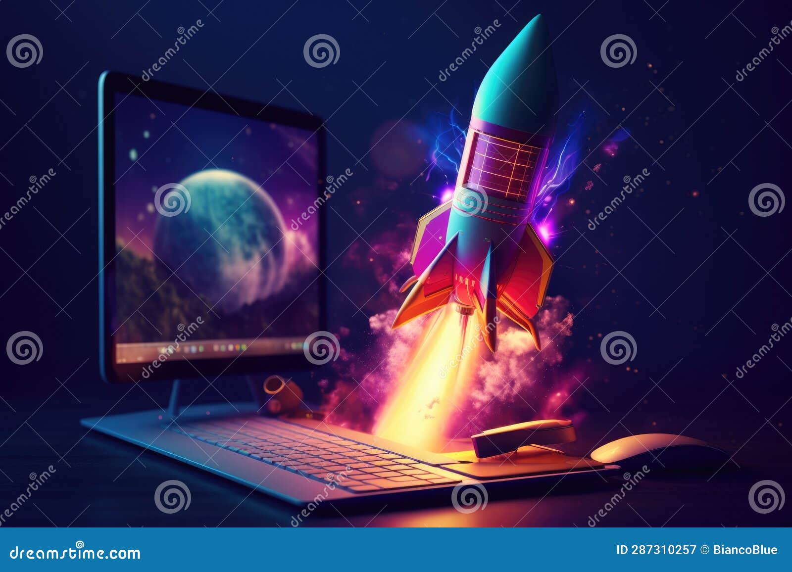 Rocket Coming Out of Desktop Computer Screen. Generative Ai AIG32 Stock ...