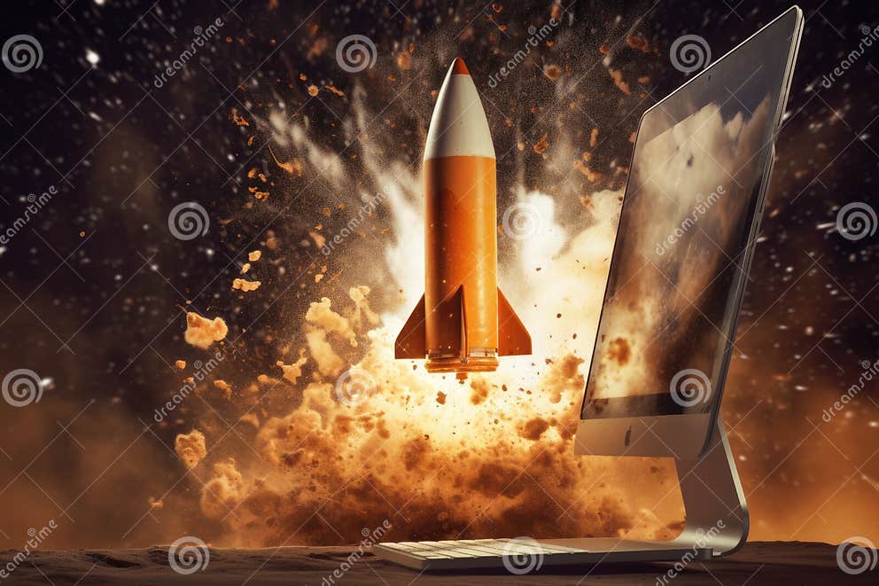 Rocket Coming Out of Desktop Computer Screen. Generative Ai AIG32 Stock ...