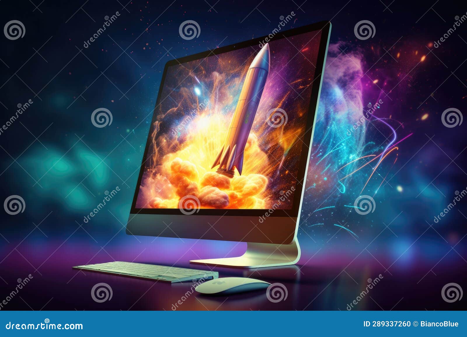 Rocket Coming Out of Desktop Computer Screen. Generative Ai AIG32 Stock ...