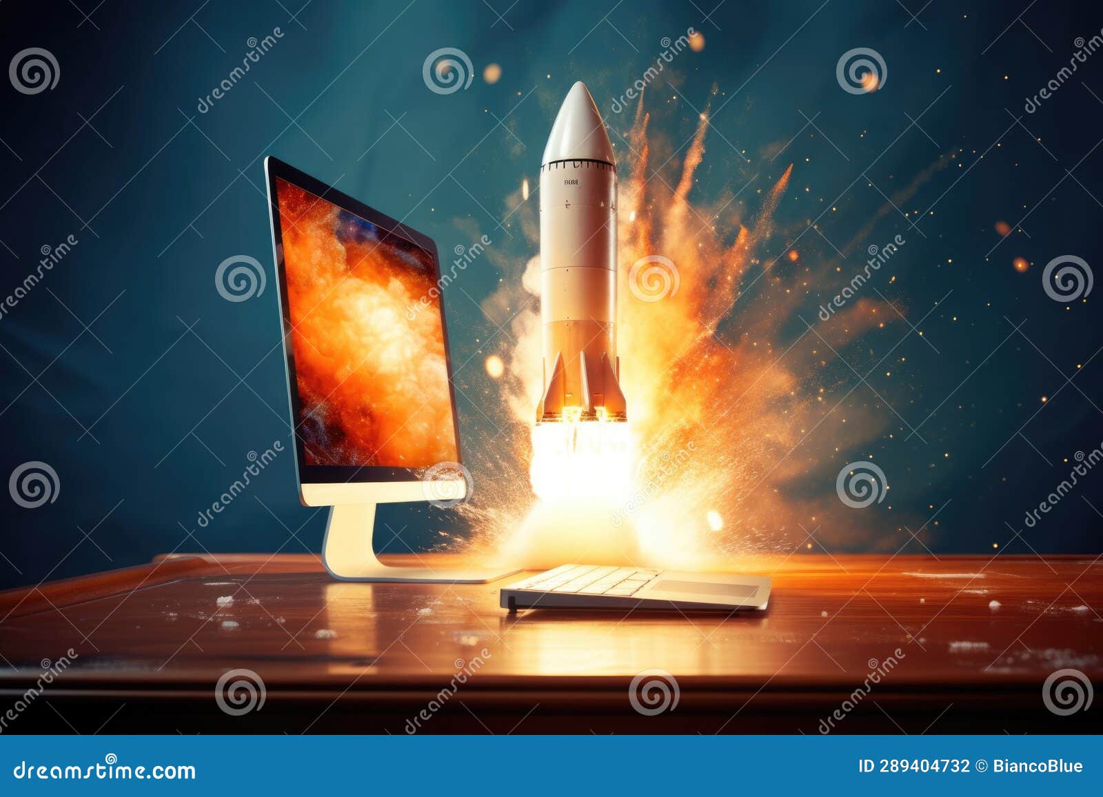 Rocket Coming Out of Desktop Computer Screen. Generative Ai AIG32 Stock ...