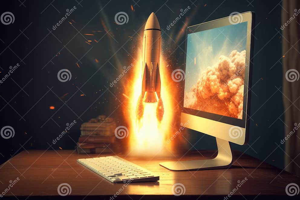 Rocket Coming Out of Desktop Computer Screen. Generative Ai AIG32 Stock ...