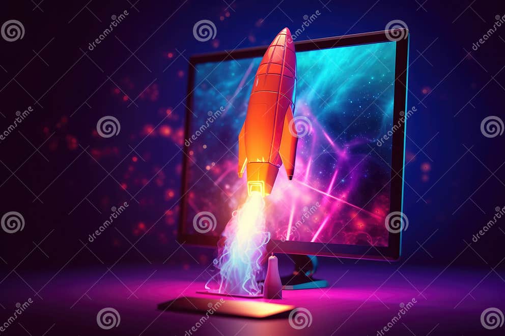 Rocket Coming Out of Desktop Computer Screen , Neon Light. Generative ...