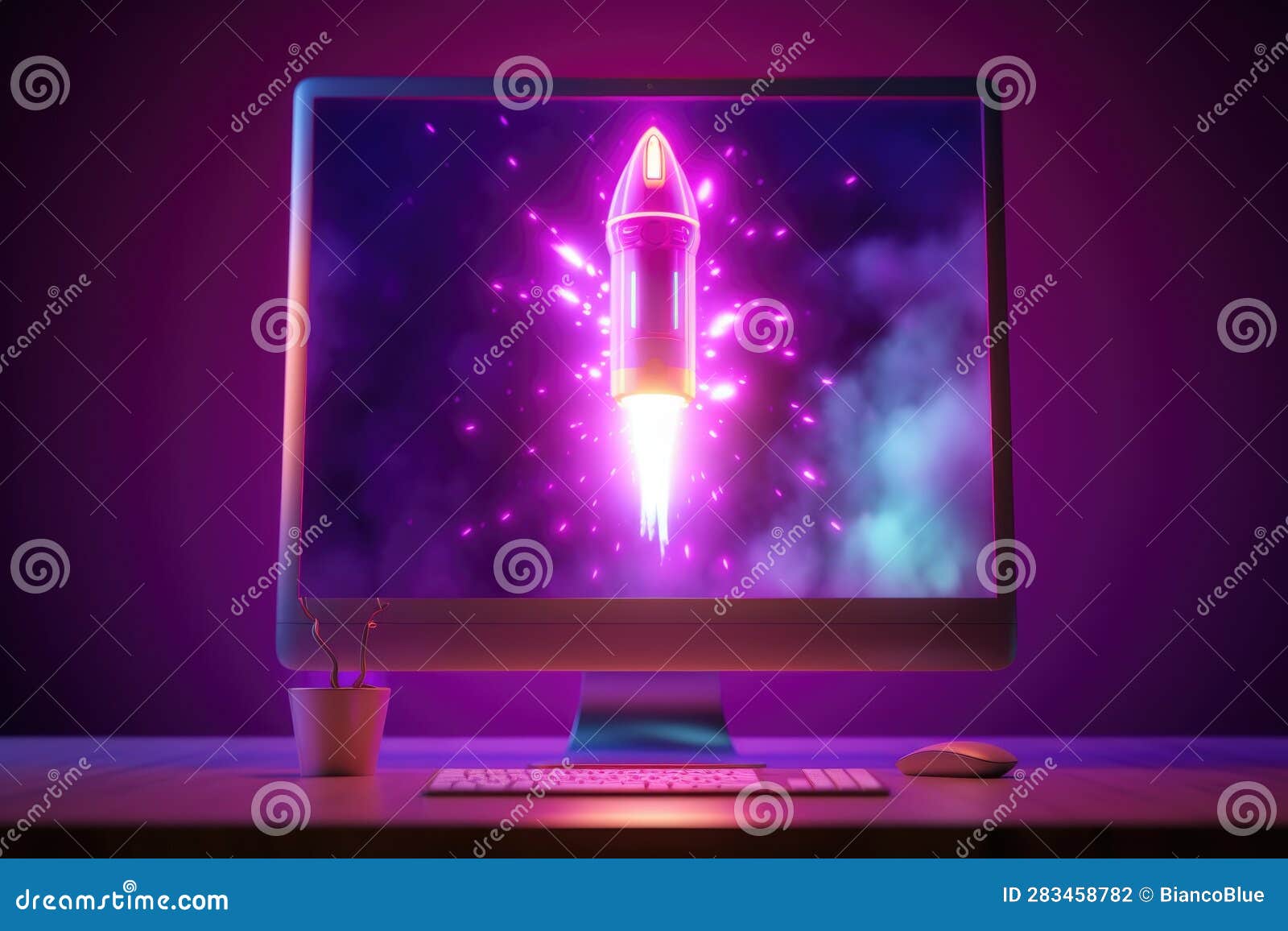 Rocket Coming Out of Desktop Computer Screen , Neon Light. Generative ...