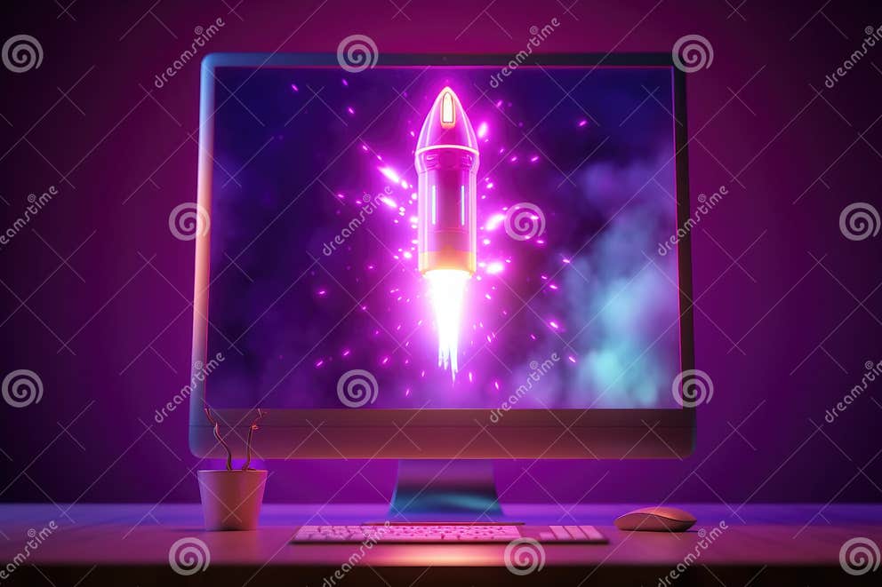 Rocket Coming Out of Desktop Computer Screen , Neon Light. Generative ...