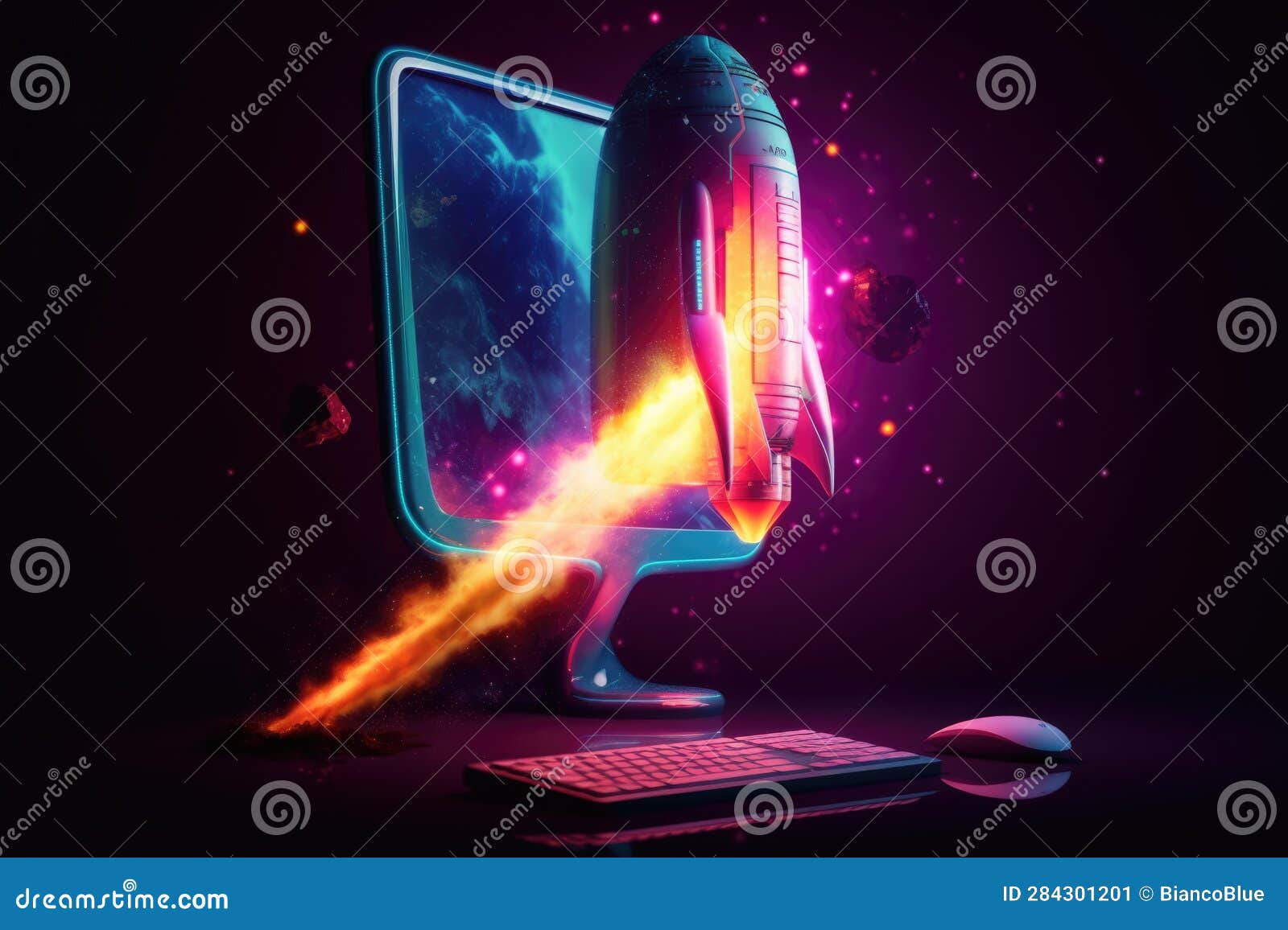 Rocket Coming Out of Desktop Computer Screen , Neon Light. Generative ...