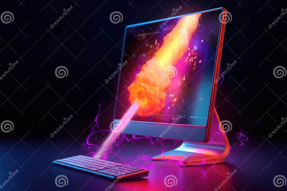 Rocket Coming Out of Desktop Computer Screen , Neon Light. Generative ...