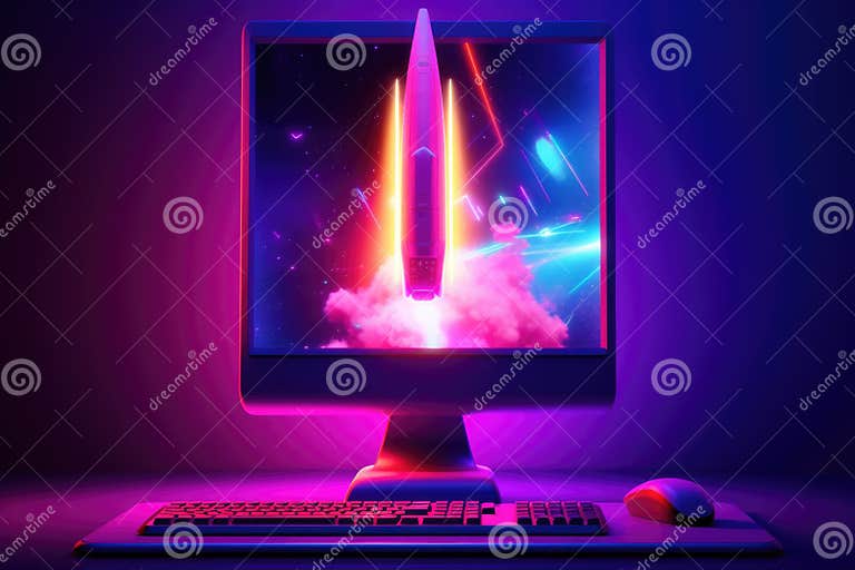 Rocket Coming Out of Desktop Computer Screen , Neon Light. Generative ...