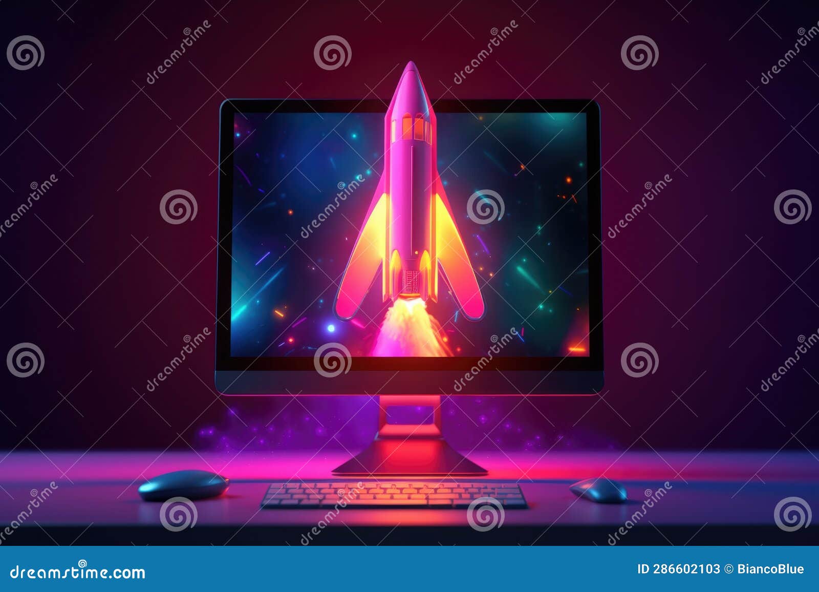 Rocket Coming Out of Desktop Computer Screen , Neon Light. Generative ...