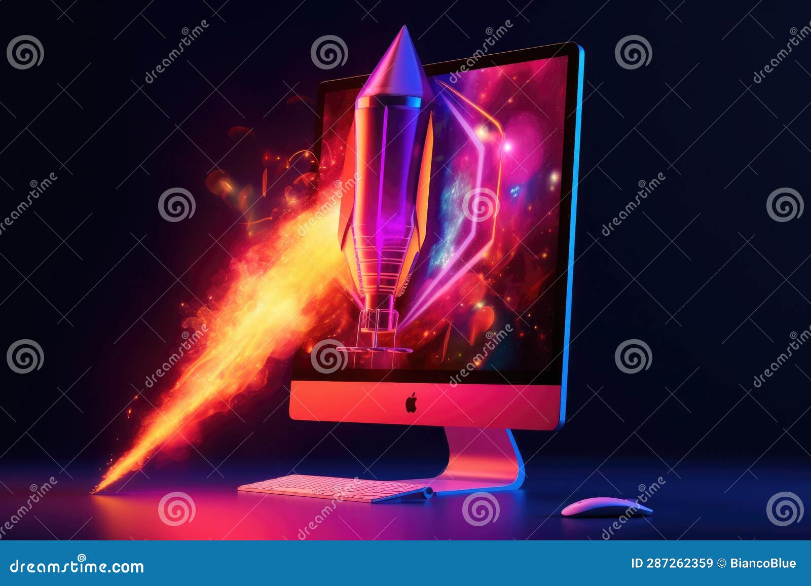 Rocket Coming Out of Desktop Computer Screen , Neon Light. Generative ...