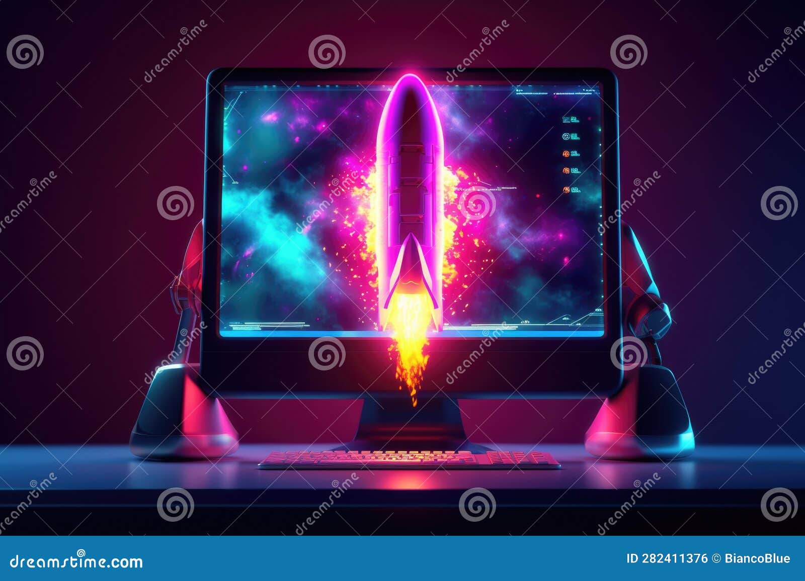 Rocket Coming Out of Desktop Computer Screen , Neon Light. Generative ...
