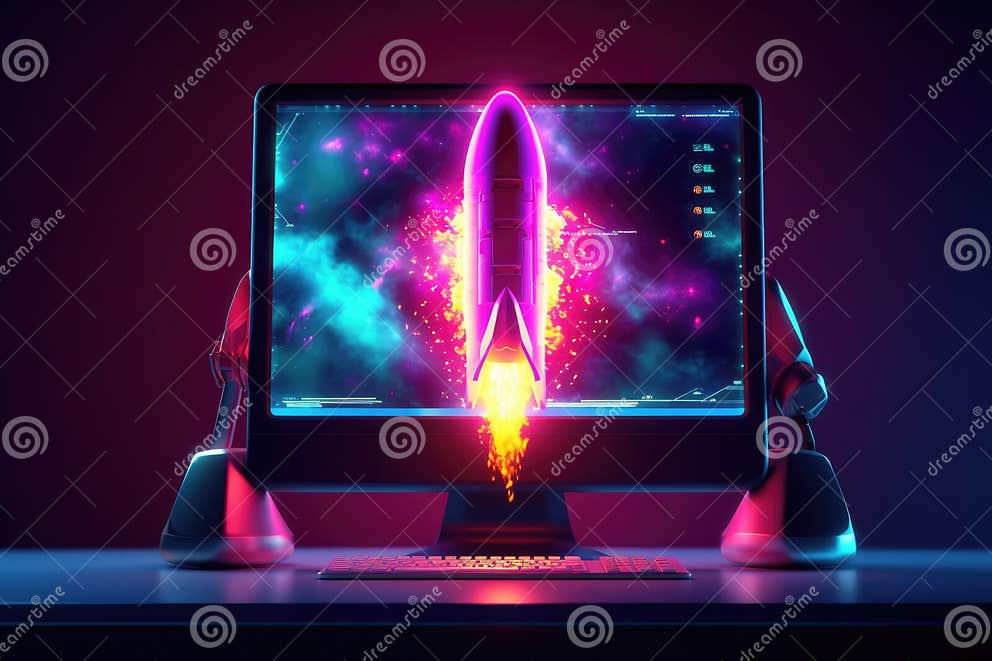 Rocket Coming Out of Desktop Computer Screen , Neon Light. Generative ...