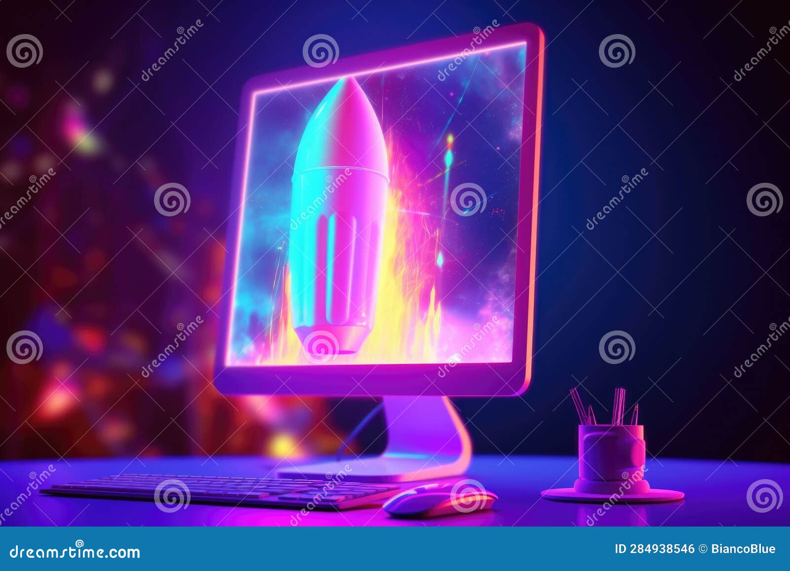 Rocket Coming Out of Desktop Computer Screen , Neon Light. Generative ...