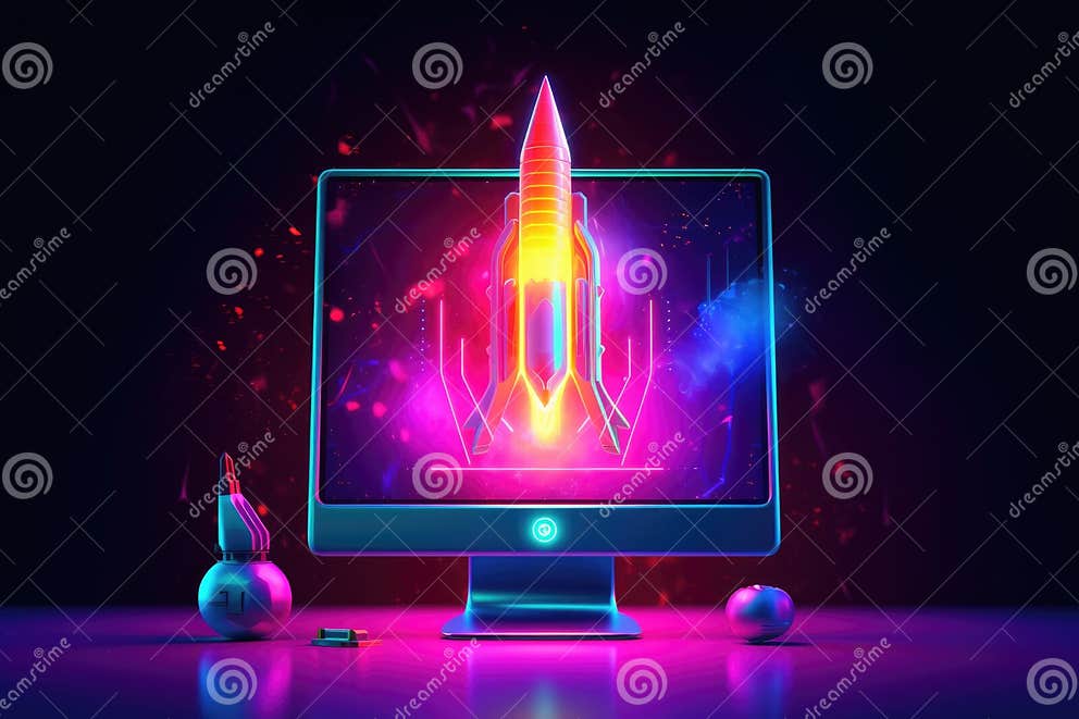 Rocket Coming Out of Desktop Computer Screen , Neon Light. Generative ...