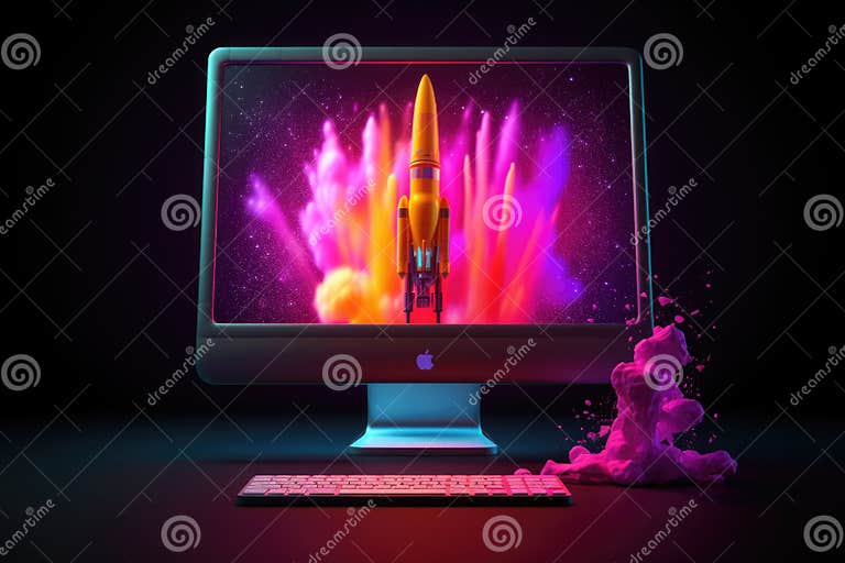 Rocket Coming Out of Desktop Computer Screen , Neon Light. Generative ...