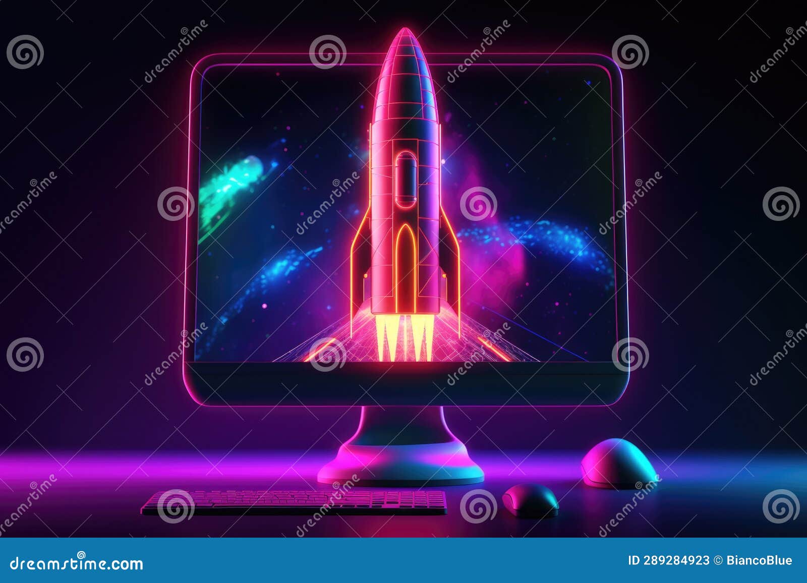 Rocket Coming Out of Desktop Computer Screen , Neon Light. Generative ...