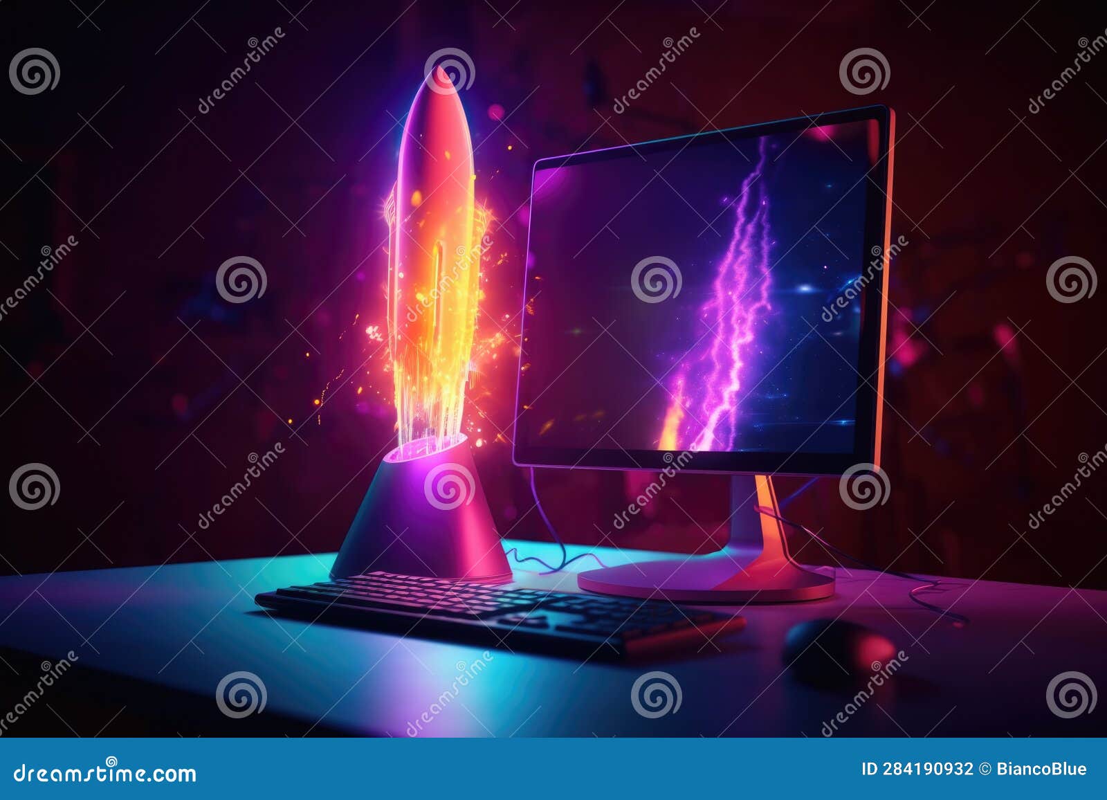 Rocket Coming Out of Desktop Computer Screen , Neon Light. Generative ...