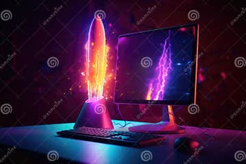 Rocket Coming Out of Desktop Computer Screen , Neon Light. Generative ...